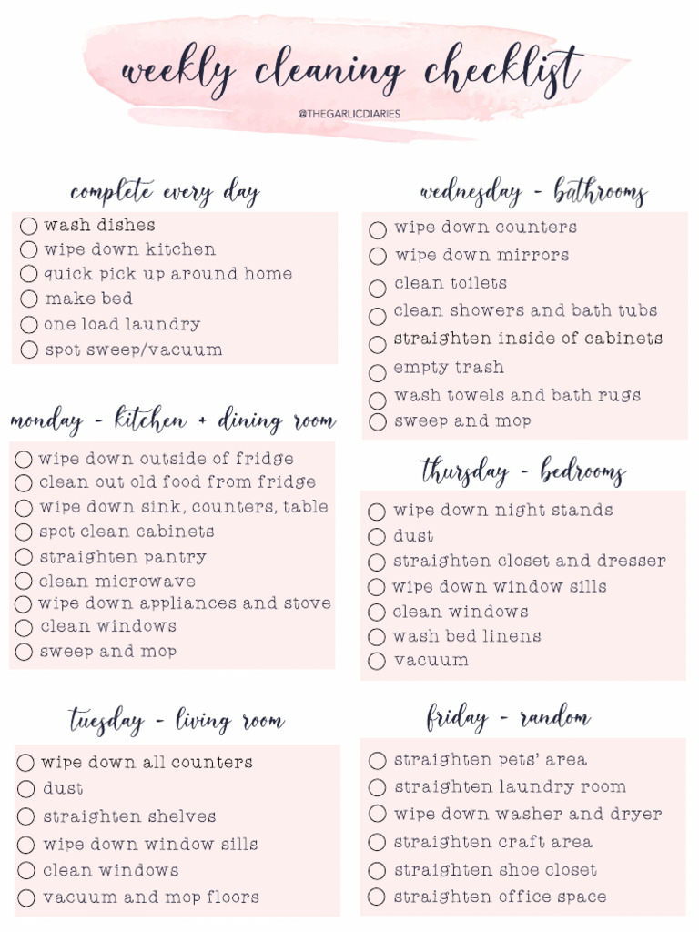 Weekly Cleaning Checklist No Kids | PDF