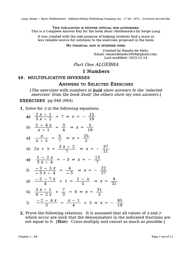 En 0106 Serge Lang Basic Mathematics Answers | PDF