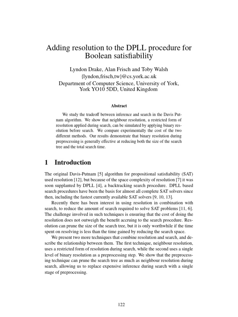 Adding Resolution To The DPLL Procedure For Boolean Satisfiability | PDF