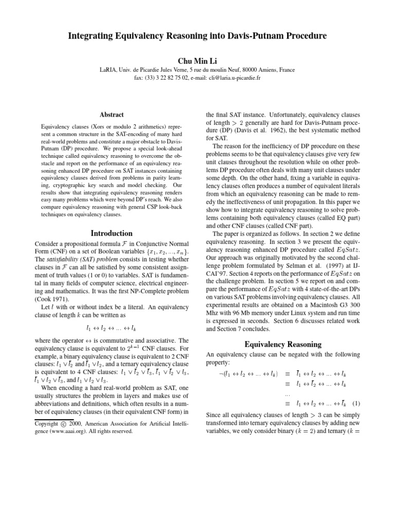 Integrating Equivalency Reasoning Into Davis-Putnam Procedure | PDF ...