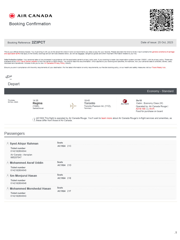 Air Canada Booking Confirmation Details | PDF