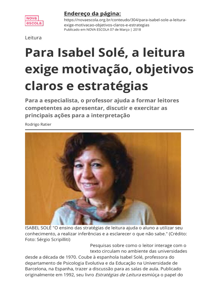 Para Isabel Sole A Leitura Exige Motivacao Objetivos Claros e ...