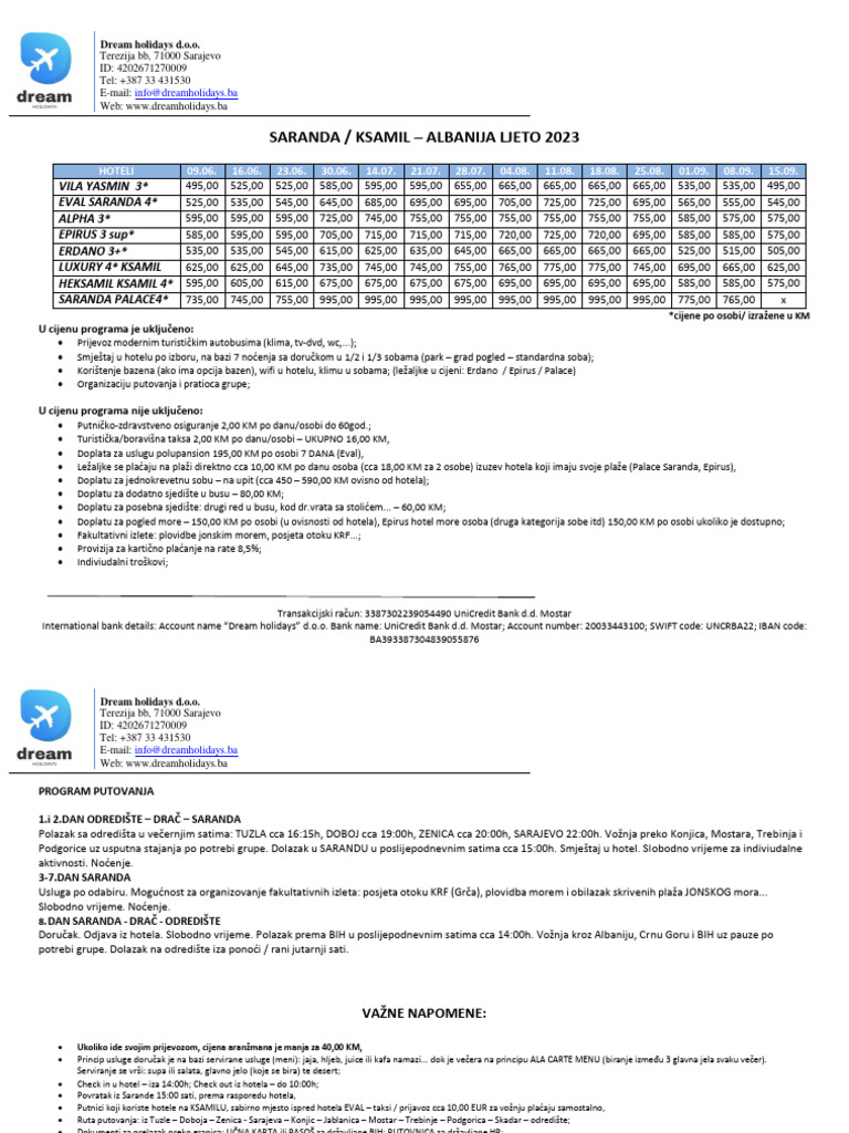 SARANDA KSAMIL Albanija Ljeto 2023 Cjenovnik 1 | PDF