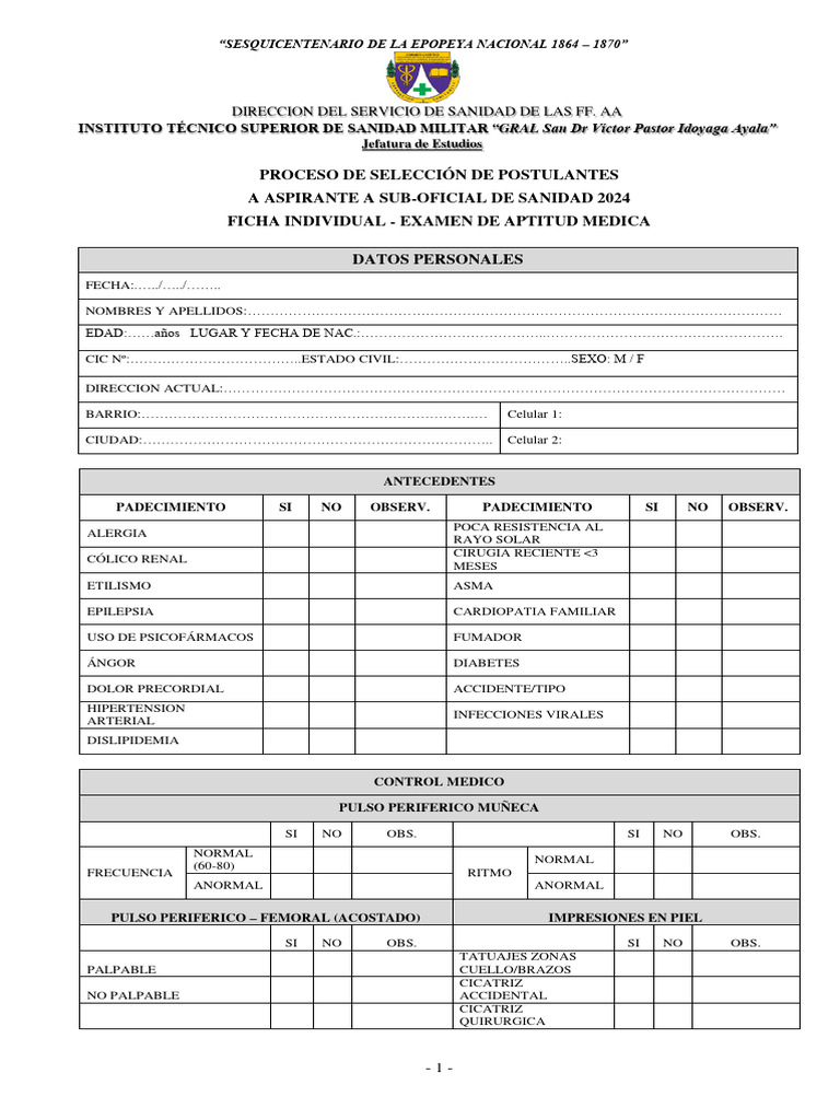 Ficha Individual para Examen Medico 2024 | PDF