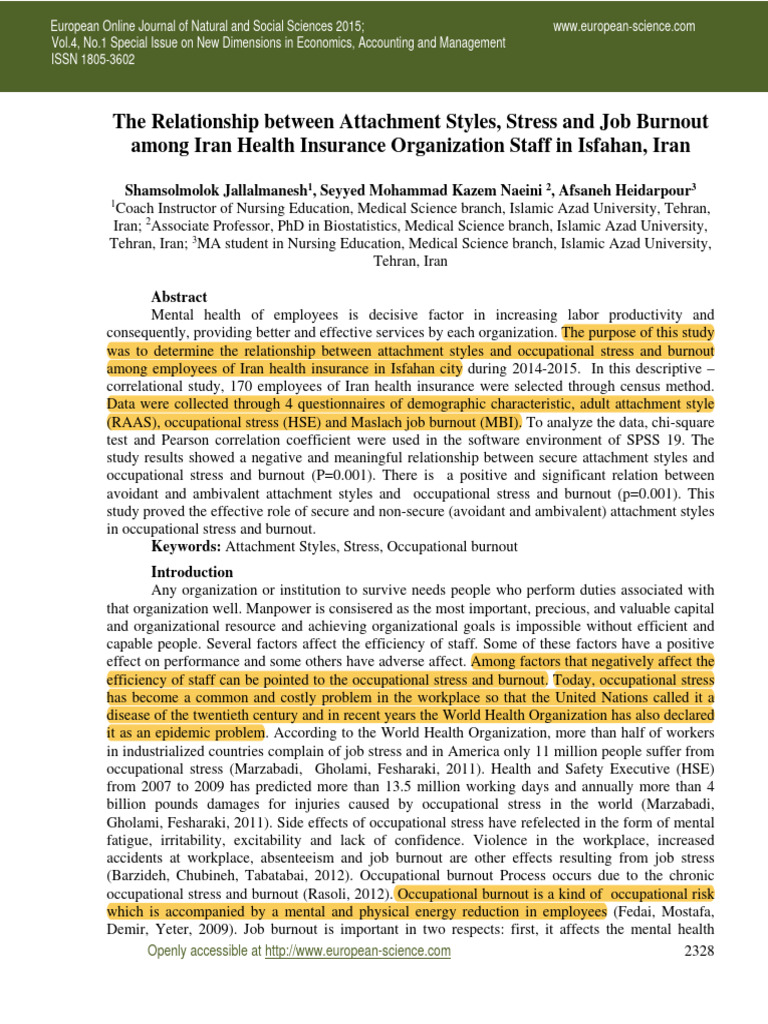 The Relationship Between Attachment Styles, Stress and Job Burnout ...