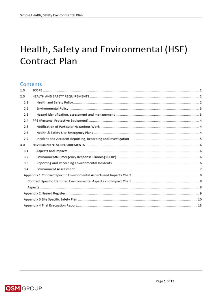 Simple HSE Plan Template 1 | PDF | Occupational Safety And Health ...