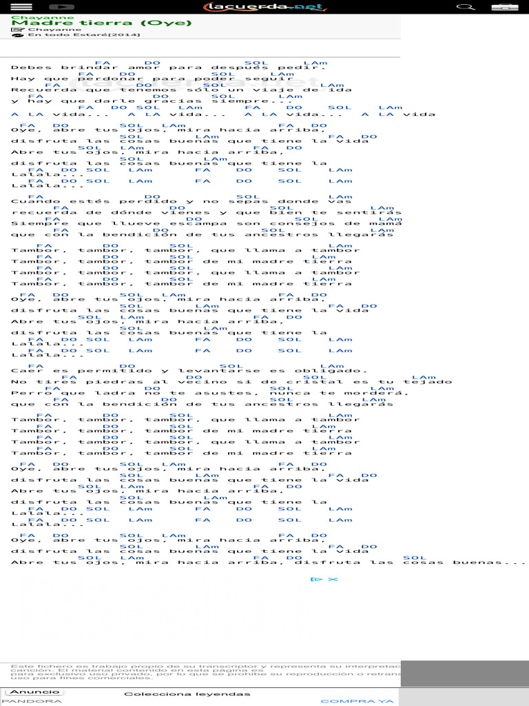 MADRE TIERRA (OYE), Chayanne Acordes | PDF