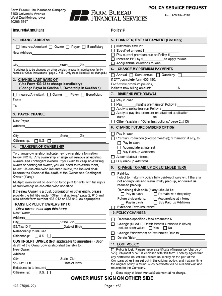PSR 433-279 (06-22) Policy Service Request | PDF | Insurance | Internal Revenue Service