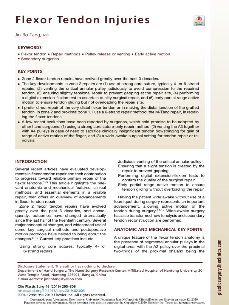 Flexor Tendon Injuries | PDF