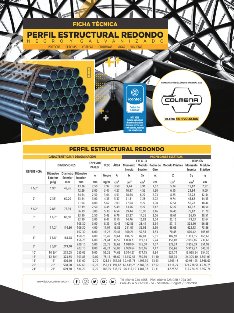 Perfil Estructural Redondo Ficha Tecnica Tubos Colmena | PDF | Acero | Hierro