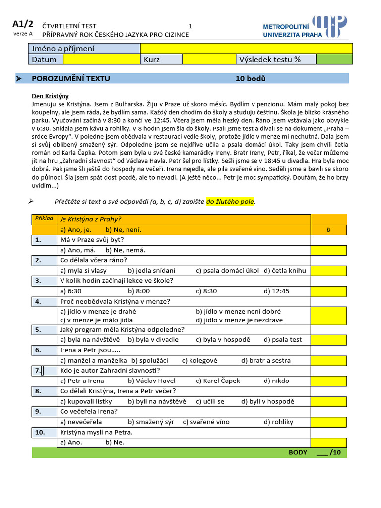 PCJ, Čtvrtletní Test, L1-12a, 2023, ONLINE | PDF
