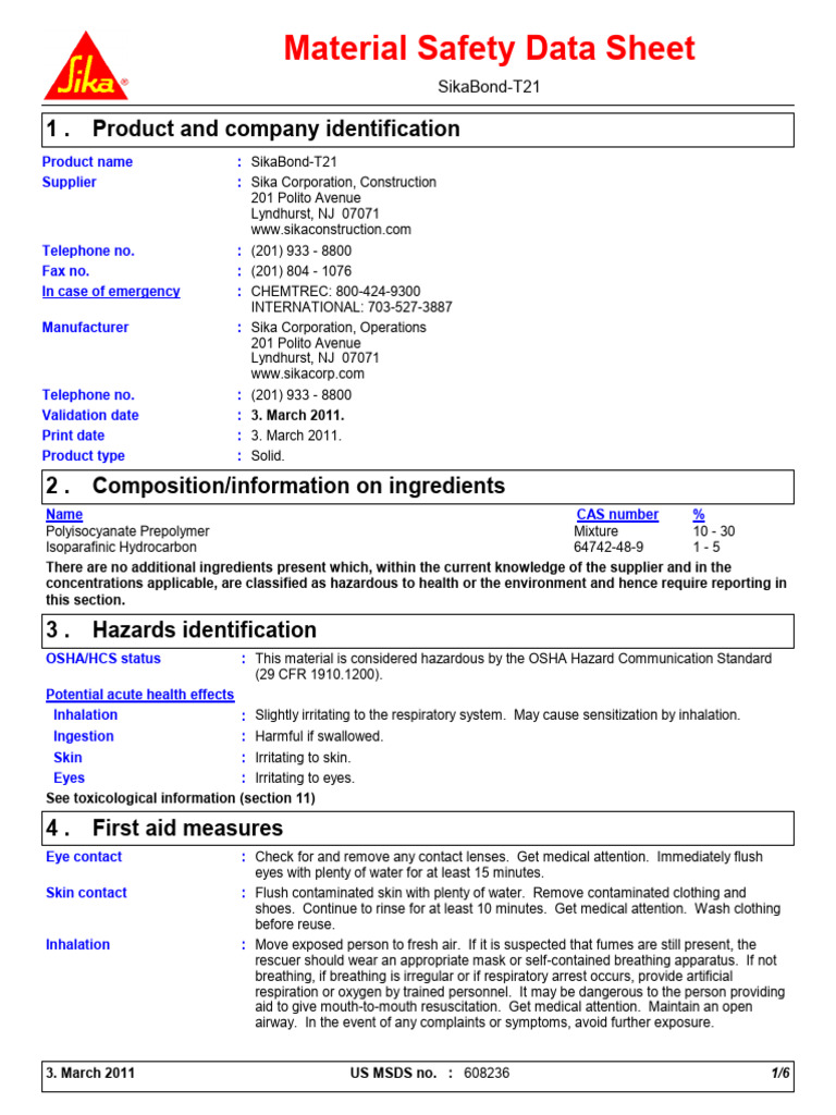 (PDF) Material Safety Data Sheet - Sika Corporation US | PDF