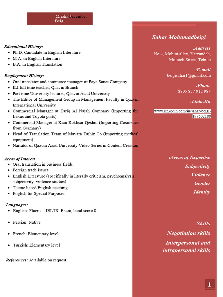 CV - Sahar Mbeigi | Download Free PDF | Human Communication