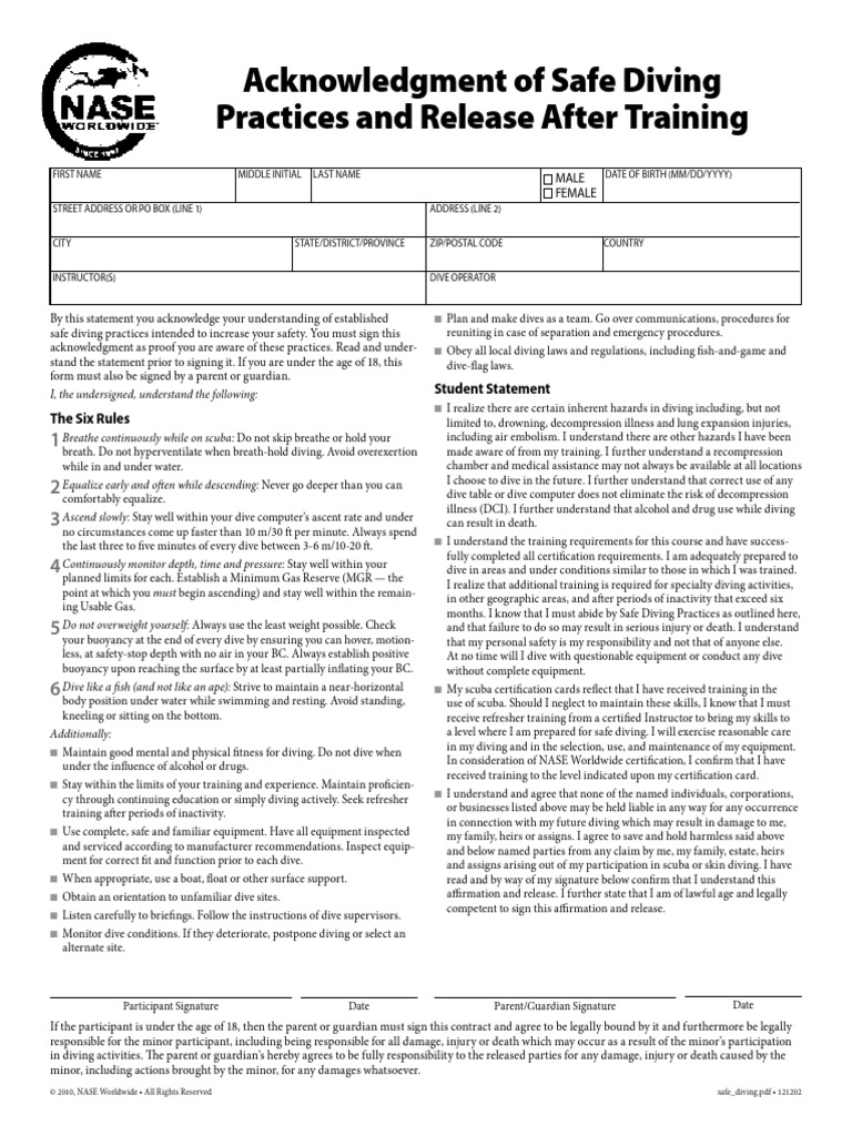 Safe Diving Acknowledgement | PDF | Scuba Diving | Underwater Diving