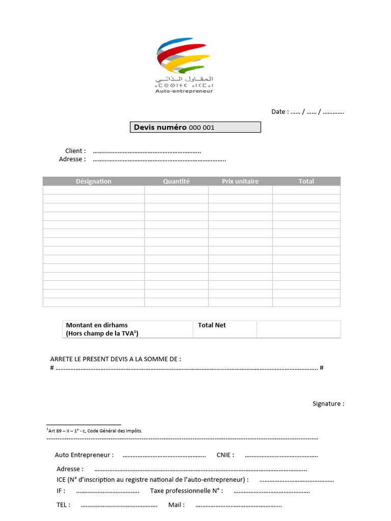 Modele Devis Auto Entrepreneur FR | PDF