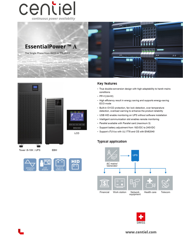 Centiel Brochure Essential A Tower LV 6-10K | PDF | Battery Charger | Mains Electricity