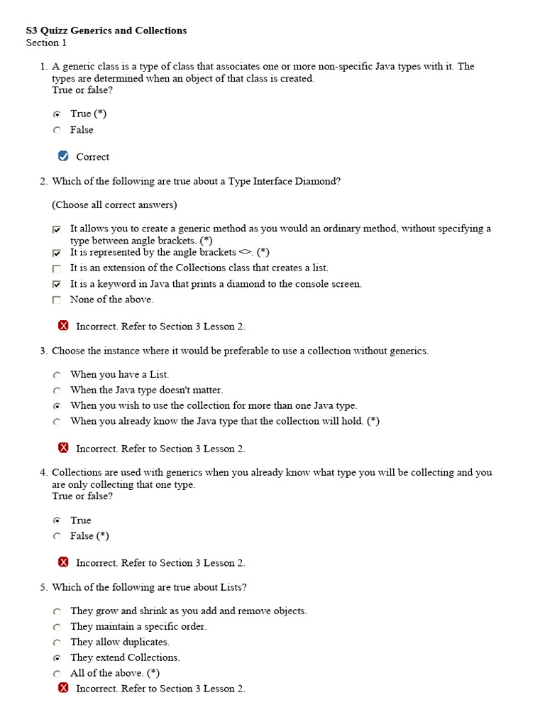 Sapt 4 Generics and Collections Quizz Sect 3 L 2 | PDF | Teaching ...