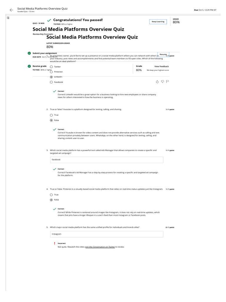 Social Media Platforms Overview Quiz - Coursera | PDF Social Media Platforms Overview Quiz - Coursera | PDF