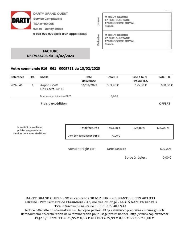 Facture Airpods Darty PDF | PDF | Finance & Money Management | Home & Garden