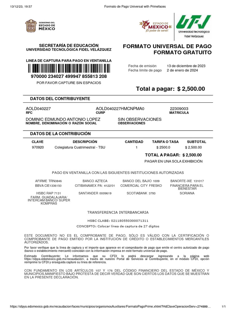 Formato Universal de Pago Formato Gratuito: Total A Pagar: $ 2,500.00 | PDF