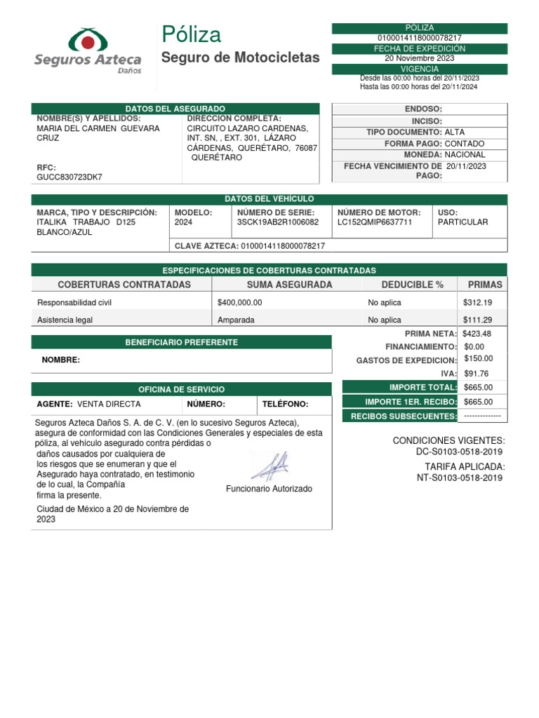 Póliza: Seguro de Motocicletas | PDF | Póliza de seguros | Seguro