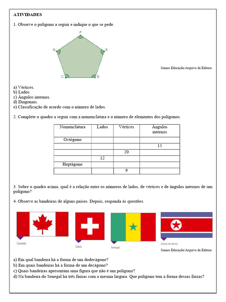 Atividade do 6 ano poligonos | PDF | Vértice (Geometria) | Polígono