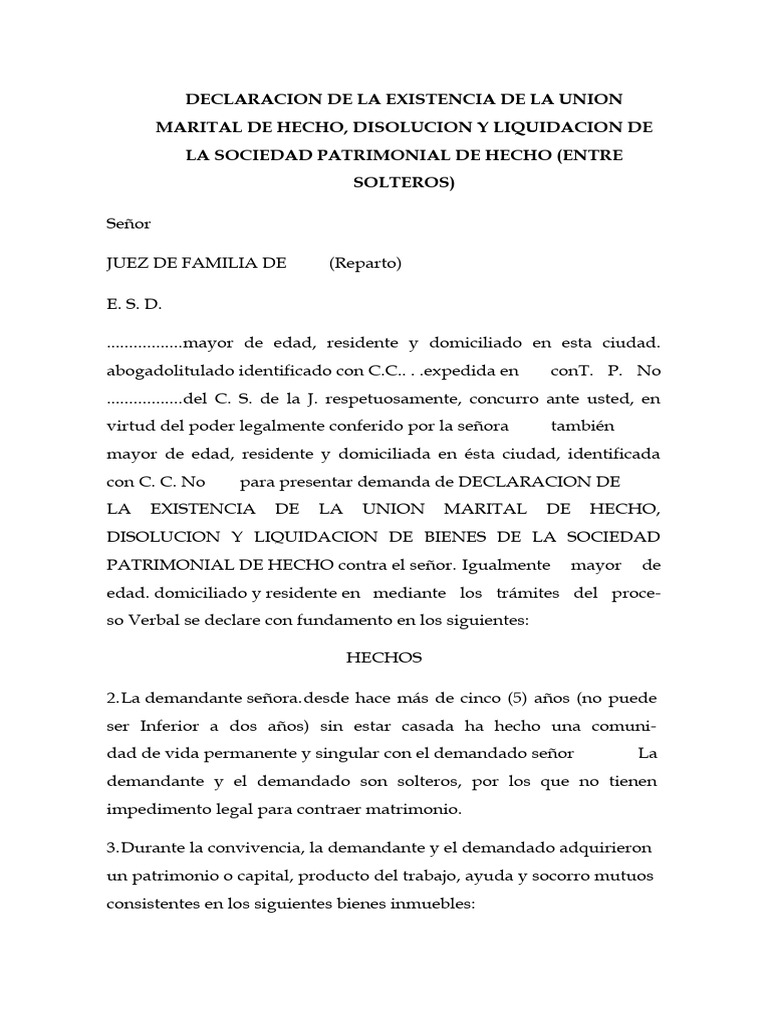 Declaracion de La Existencia de La Union Marital de Hecho, Disolucion y ...