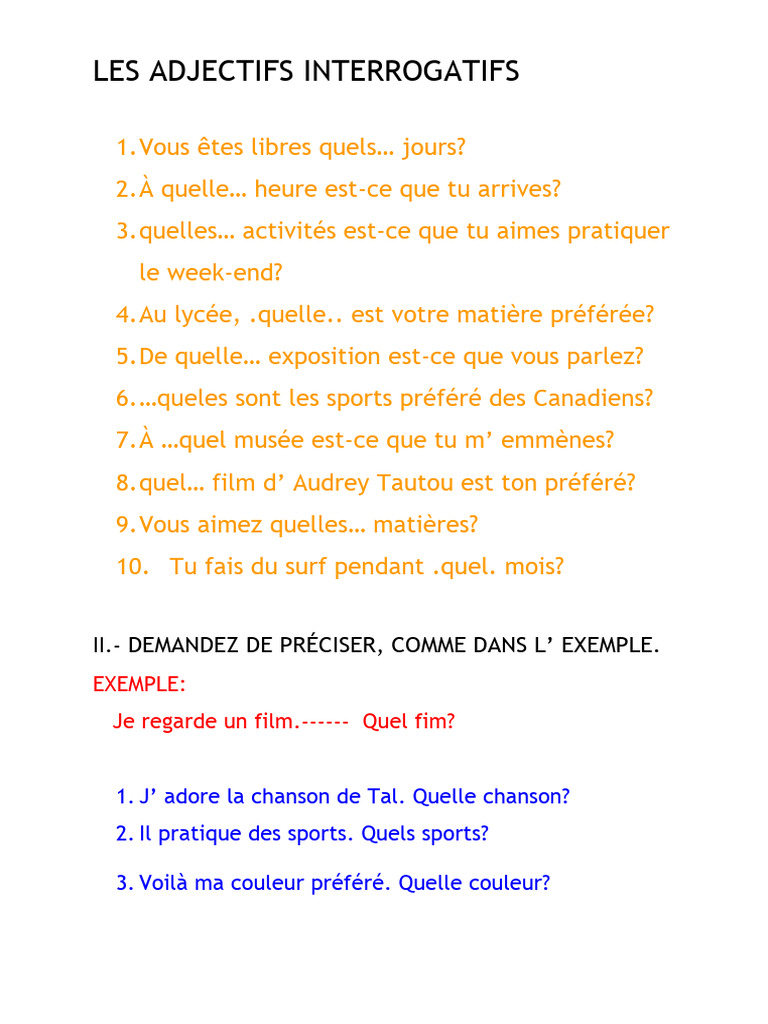 Exercices sur les adjectifs interrogatifs | PDF