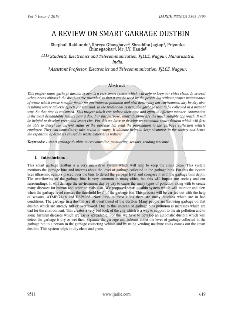 A Review On Smart Garbage Dustbin Ijariie9511 | PDF | Belt (Mechanical) | Transmitter
