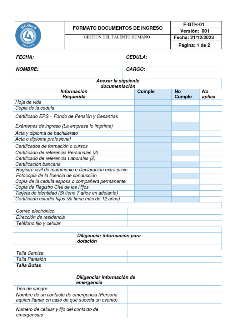 Formato de Documentos de Ingreso HR | PDF | Derecho