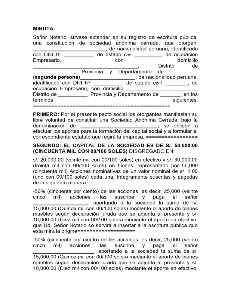 Minuta Constitucion Empresa (Plantilla) | PDF | Bancos | Pagaré