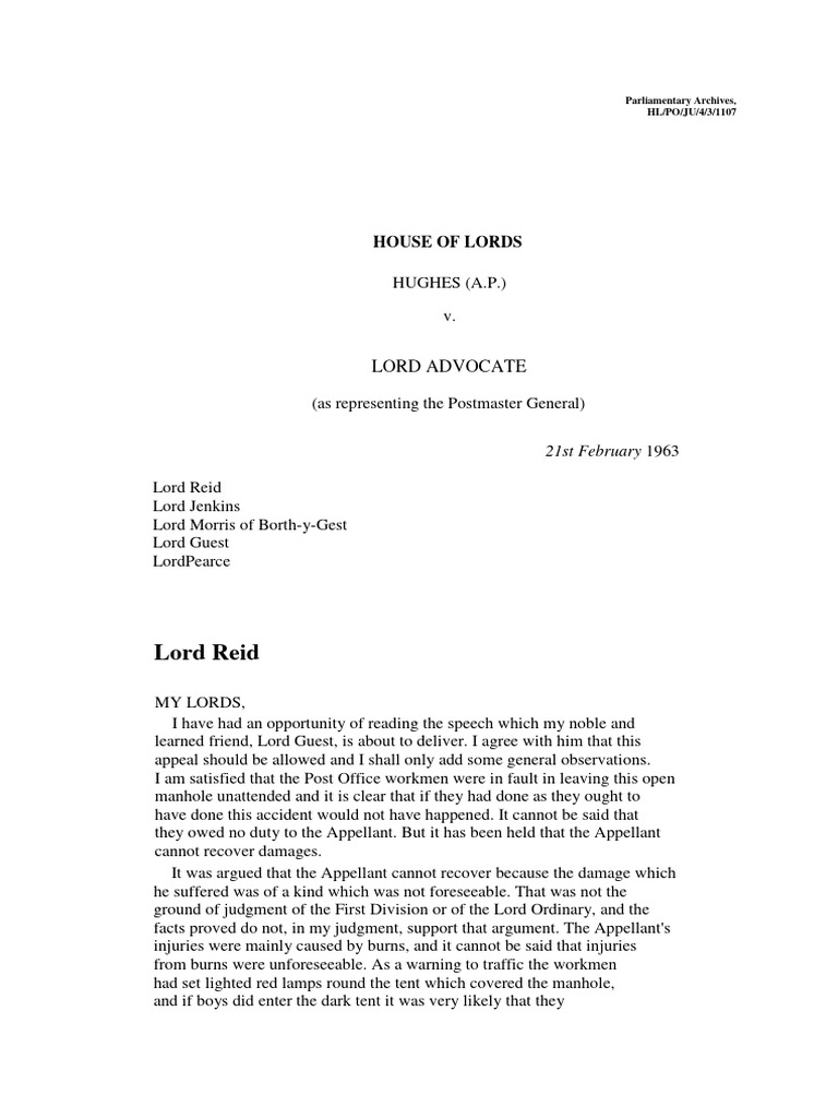 Hughes V Lord Advocate 1963 LexLaw Professional Negligence Damages | PDF | Common Law | Legal ...