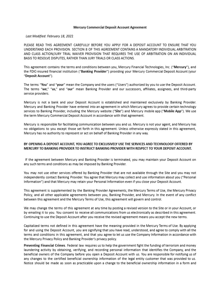 Choice+-+Mercury+Commercial+Deposit+Account+Agreement | PDF
