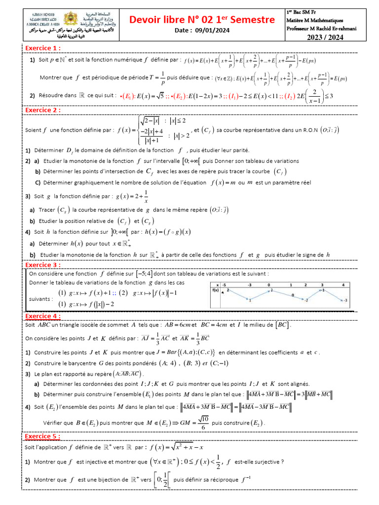 Devoir Libre N°2 Tr1 2023 2024 Pour 1 BAC SM FR | PDF