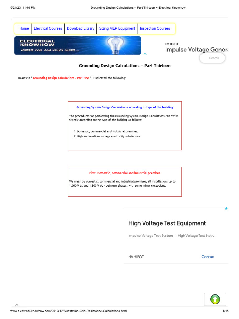 Grounding Design Calculations - Part Thirteen Electrical Knowhow | PDF