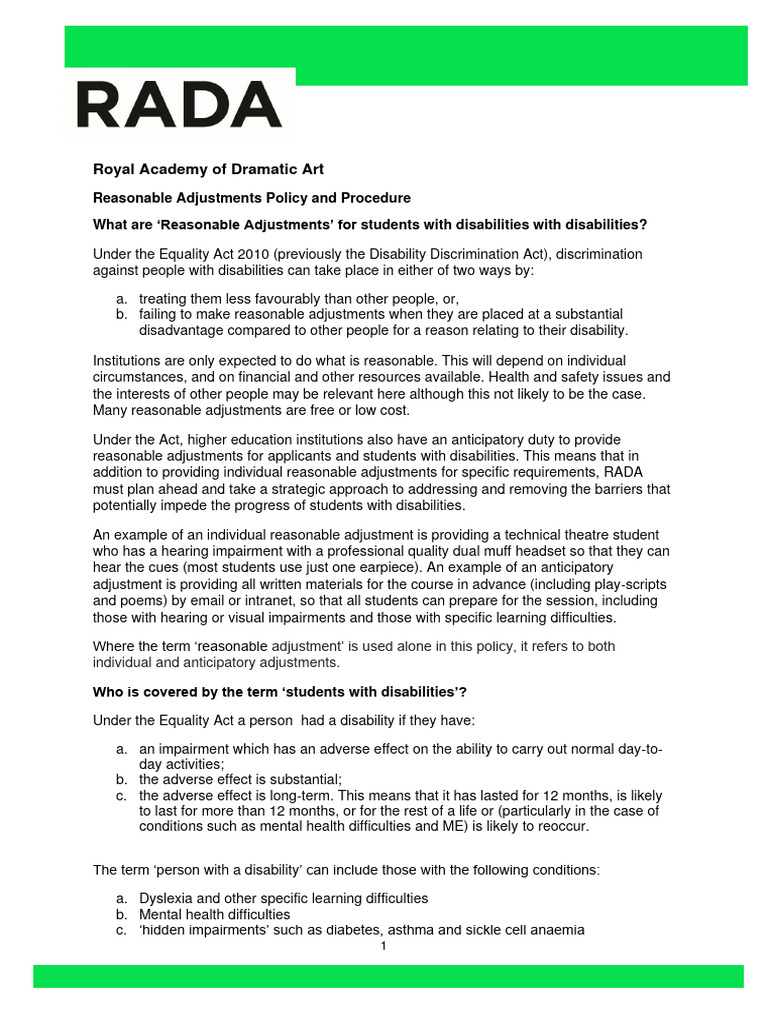 Reasonable Adjustments Policy and Procedures v2.0 July 2021 | PDF