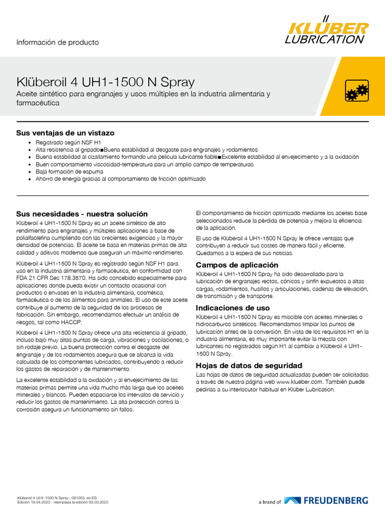 Klueberoil 4 UH1-1500 N Spray 081263 PI ES Es | PDF
