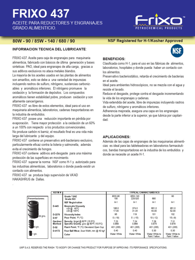 Aceite Frixo 437 para Maquinaria Alimenticia | PDF | Engranaje | Alimentos