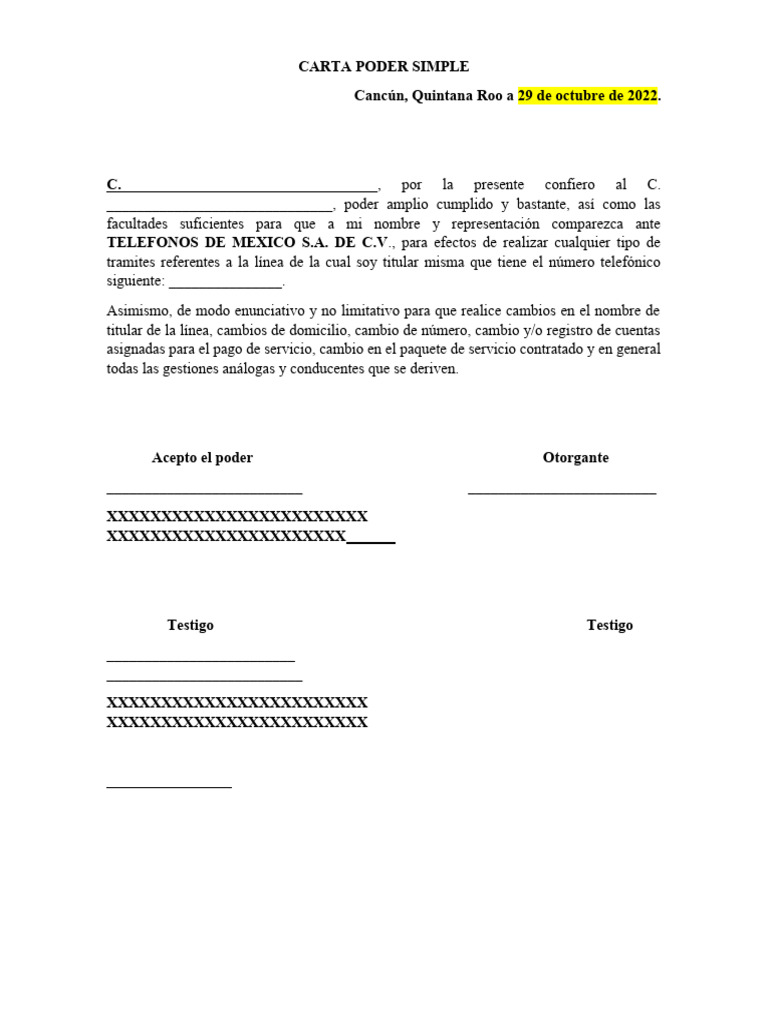 Carta Poder Simple - Telmex | PDF
