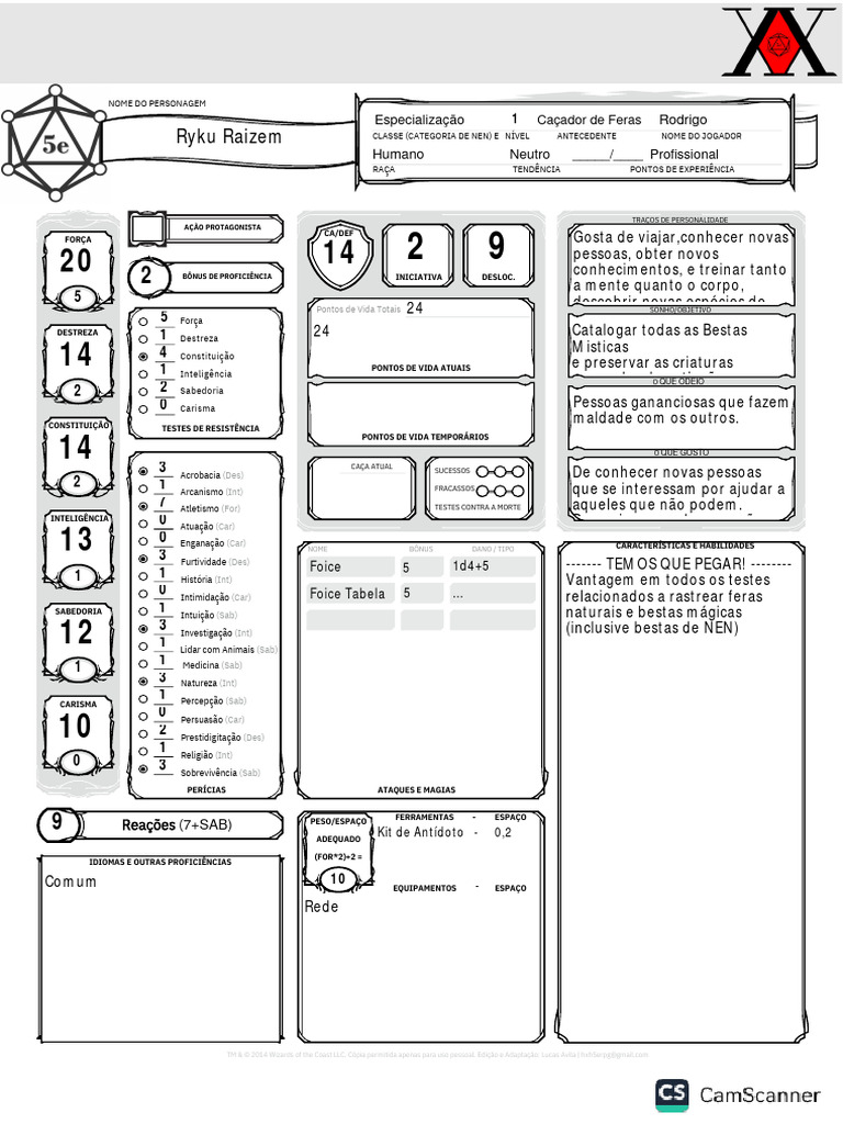 Hunter X Hunter 5e RPG - Ficha - Ryku - Rodrigo RJ | PDF
