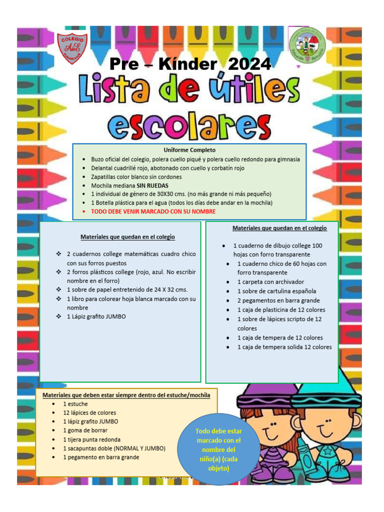 Útiles Escolares Pre Kínder 2024docx | PDF | Lápiz | Equipo