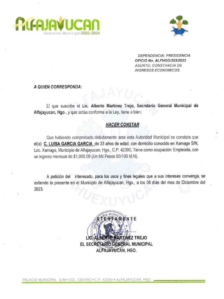 Constancia de Ingresos Luisa Garcia | PDF