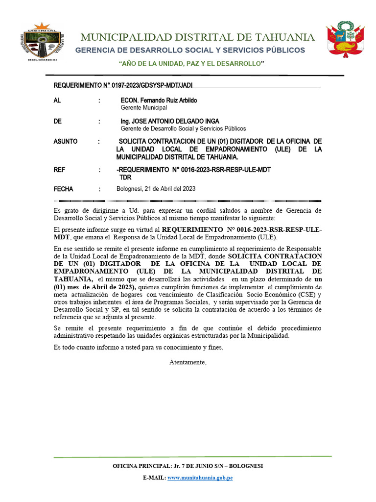 Requerimiento #0197-Solicito Contratacion de Un Digitador Ule Abril | PDF