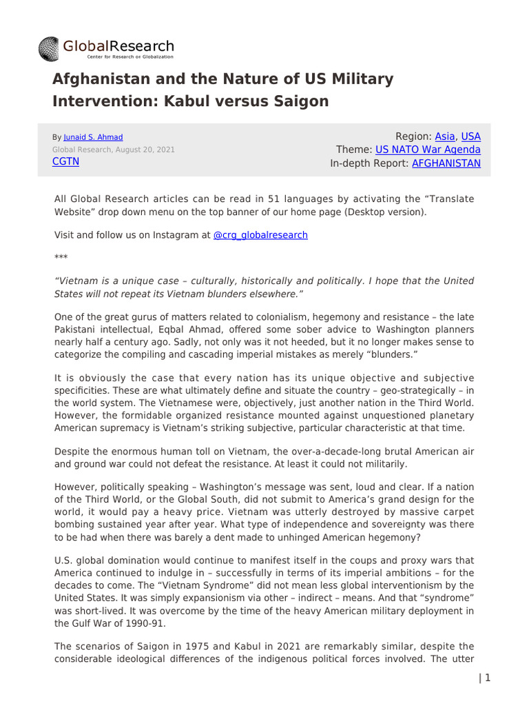 Afghanistan and The Nature of US Military Intervention - Kabul Versus ...