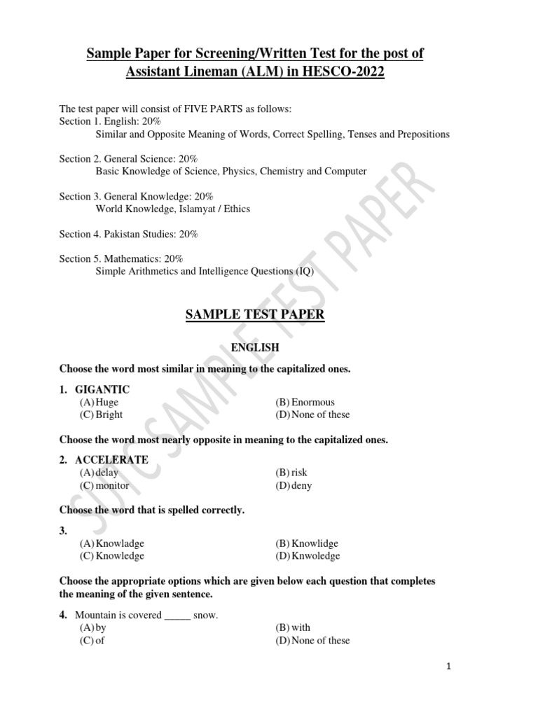 Sample TEST Paper OMR SHEET HESCO ALM 2022 SUTC | PDF
