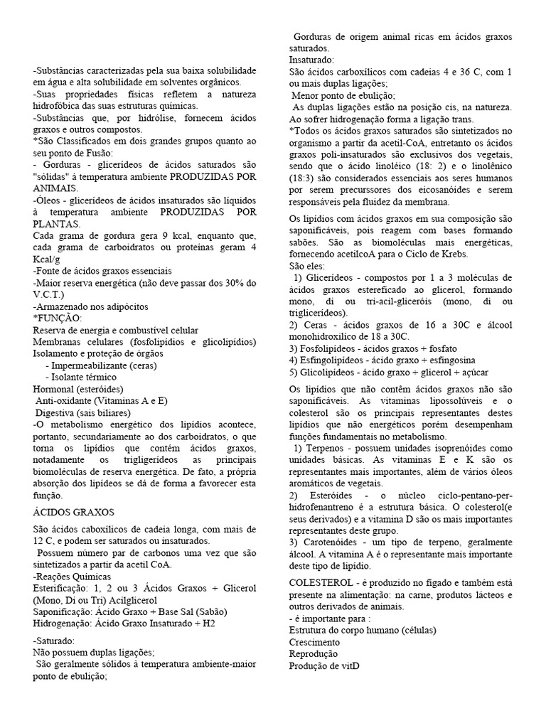 Lipideos - Resumo | PDF