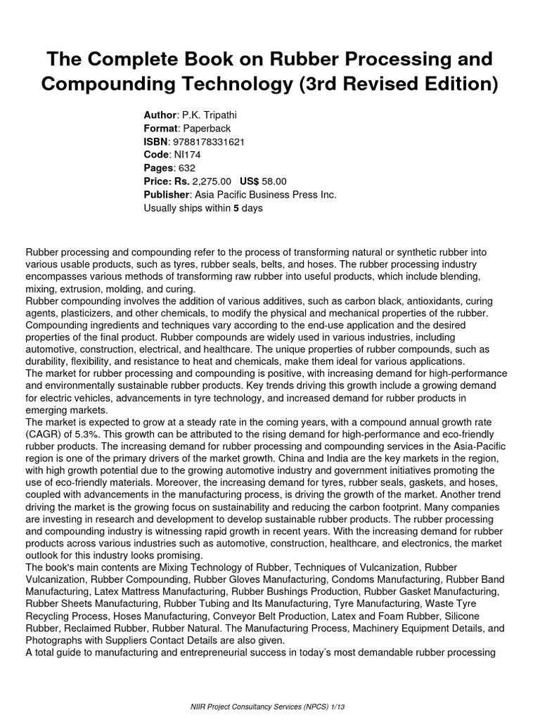 Niir Complete Book On Rubber Processing Compounding Technology With ...