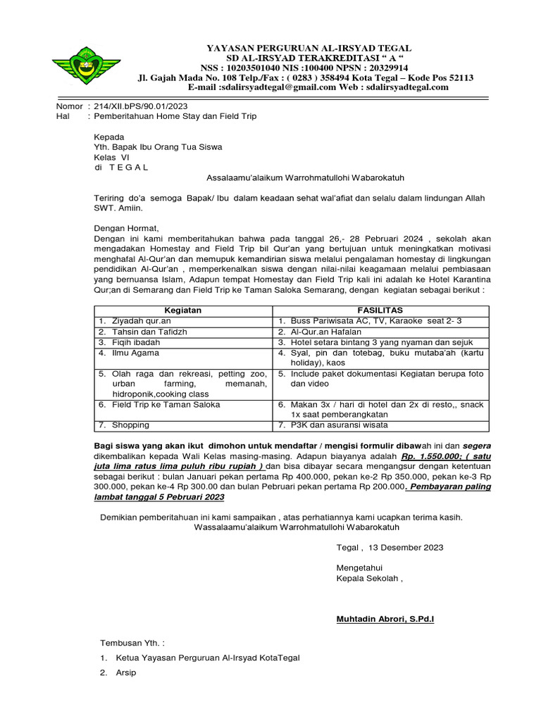 Surat Pemberitahuan Kegiatan Homestay Dan Field Trip Di Hotel Karantina Qur'an Semarang | PDF