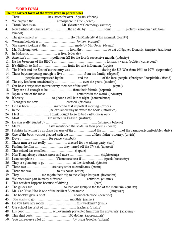 WORD FORM-50 Cau-Practice | PDF | Hue