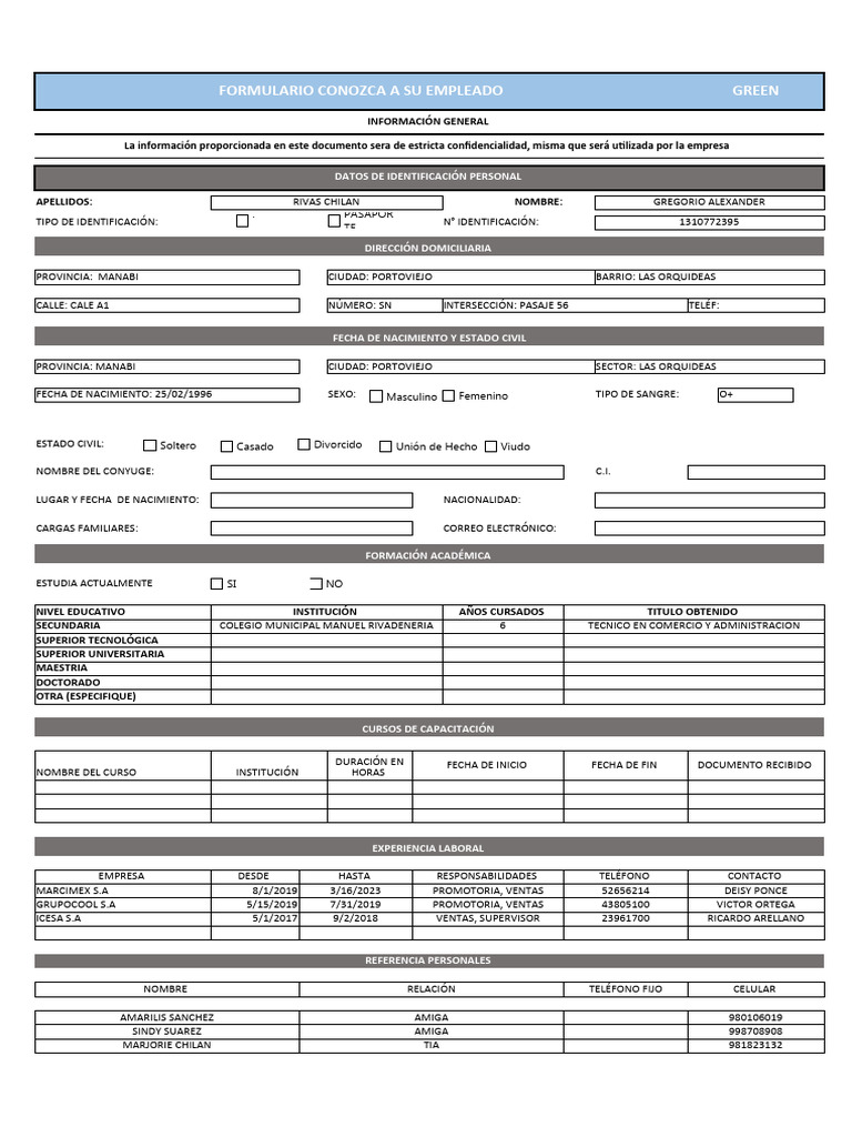Formulario Conozca A Su Empleado Green | PDF